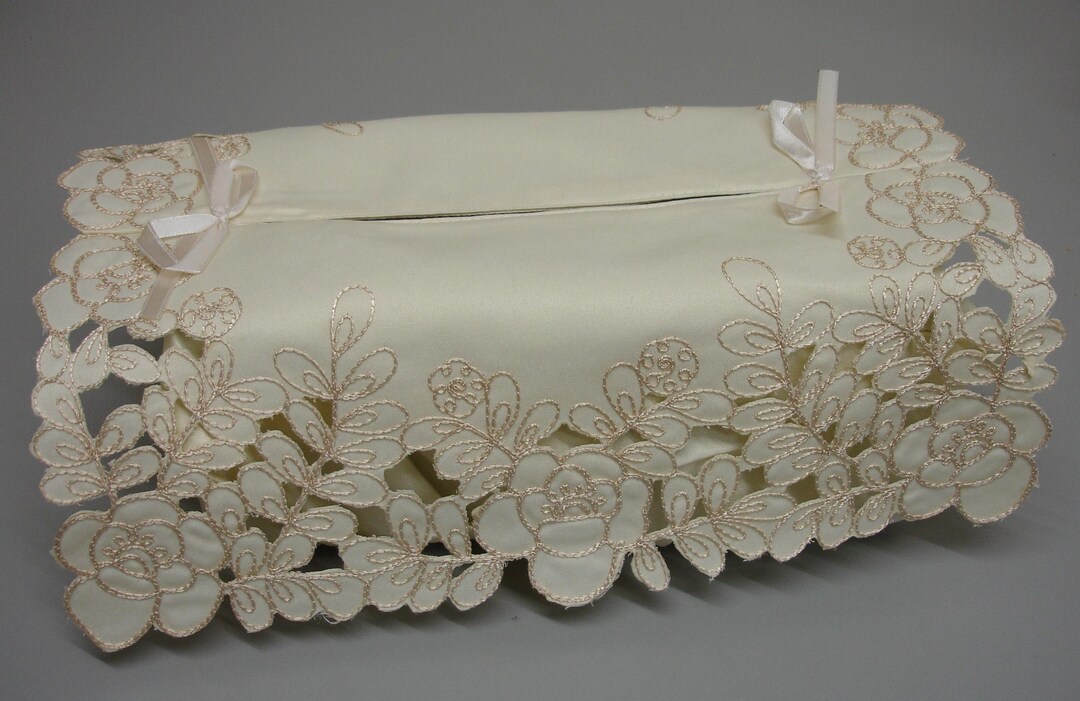 Brown Cream Embroidered Tissue Box Cover, Cream Fabric, Fits Standard ...