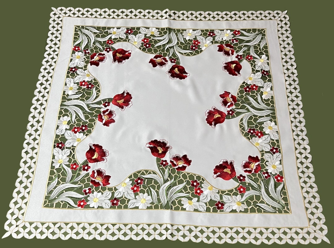 Dark Red Wine Burgundy Green White Gold Poppy Embroidery Square ...