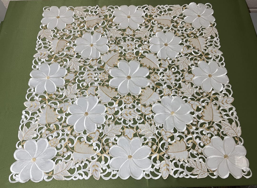 Beige, Old Gold, Embroidered Cutwork Square Tablecloth Kitchen Dining ...