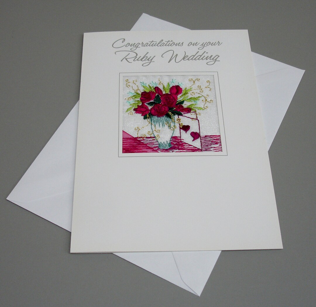 Embroidered Ruby Wedding Card Handmade Forty Year Anniversary Ekard UK ...