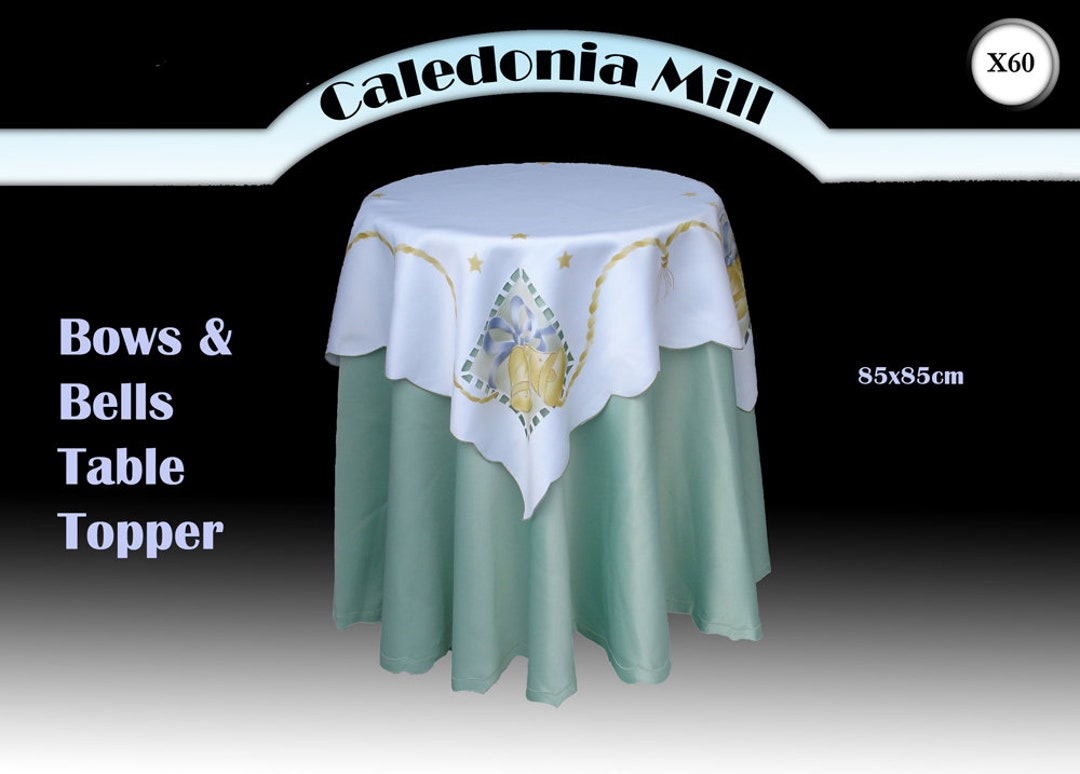 Christmas Table Topper Tablecloth White Blue Gold Bells Airbrush ...