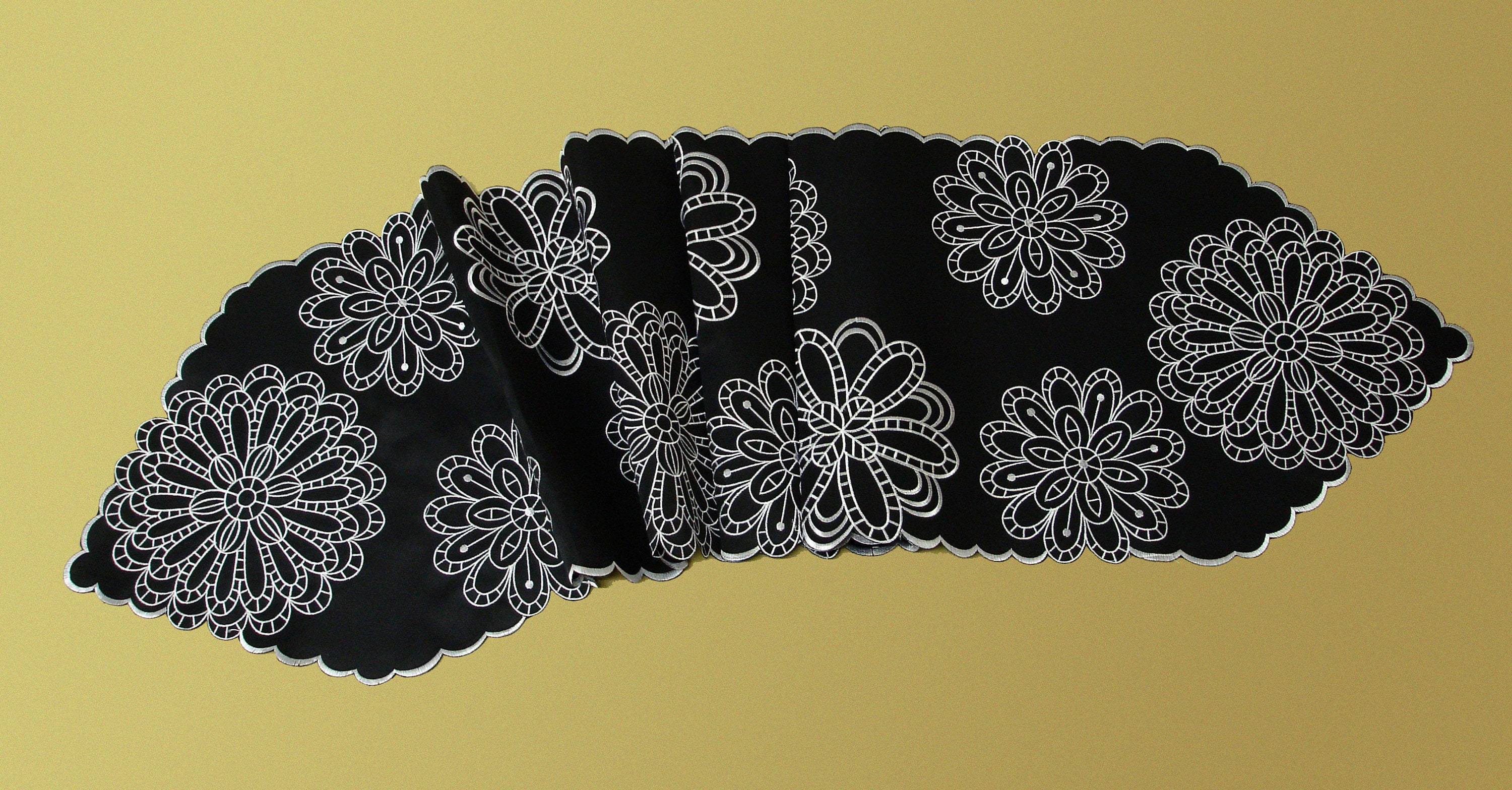 Black Silver Floral Embroidered Table Runner Kitchen Dining Scalloped ...