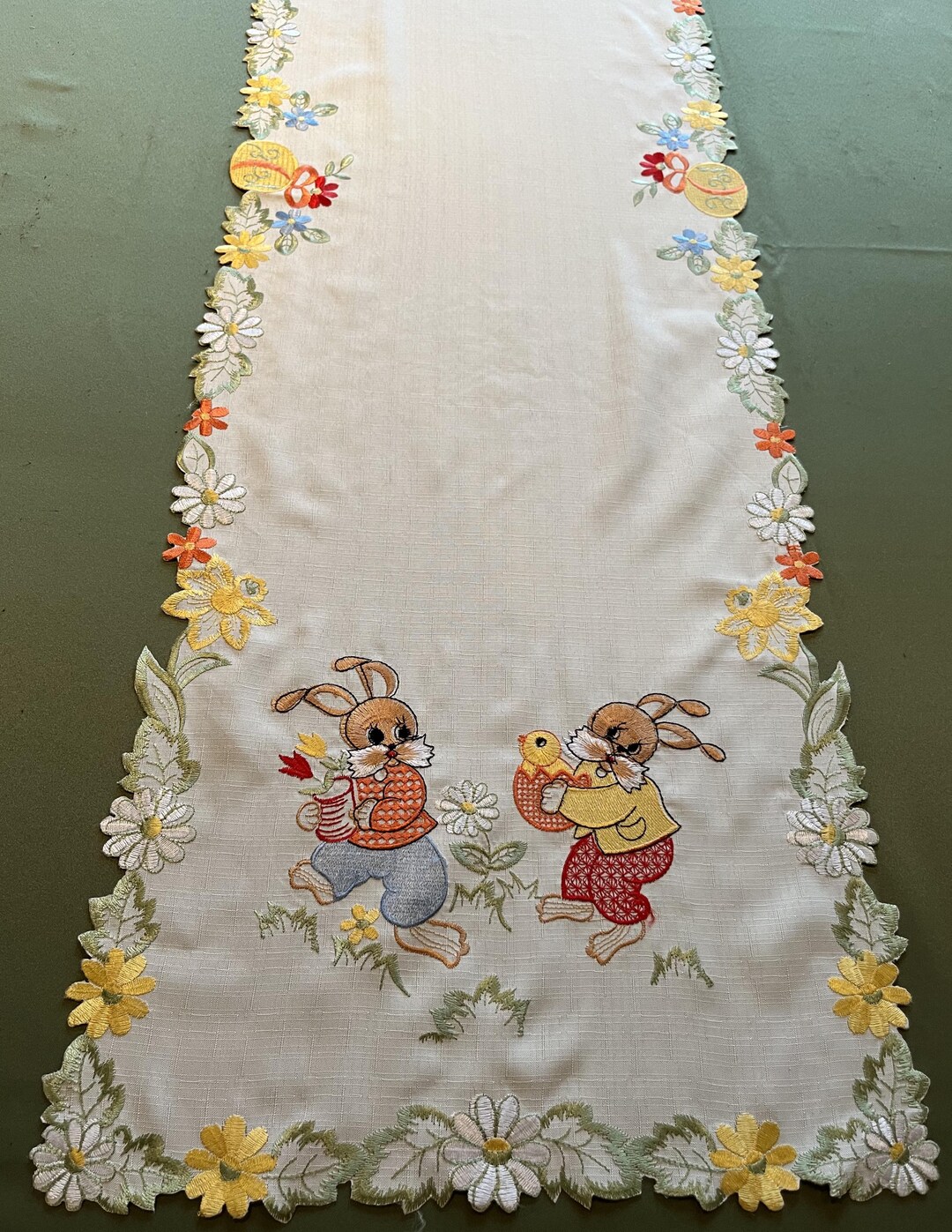Red Orange Yellow Green Blue, Easter Egg Bunnies Embroidered Table ...