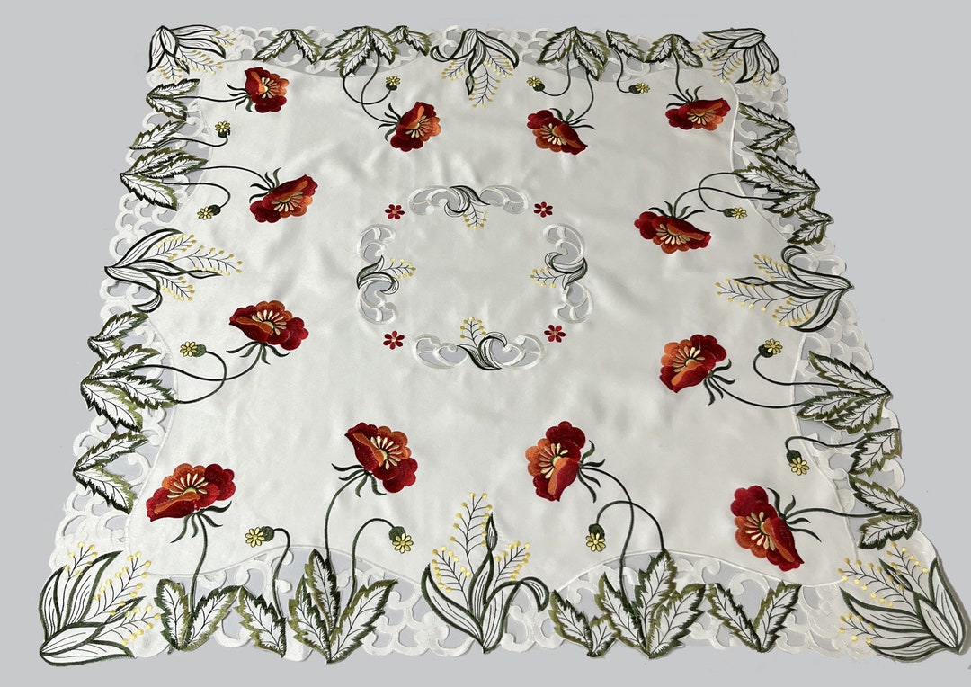 Red Green Gold Poppy Embroidery Square Tablecloth Cutwork Edge Kitchen ...