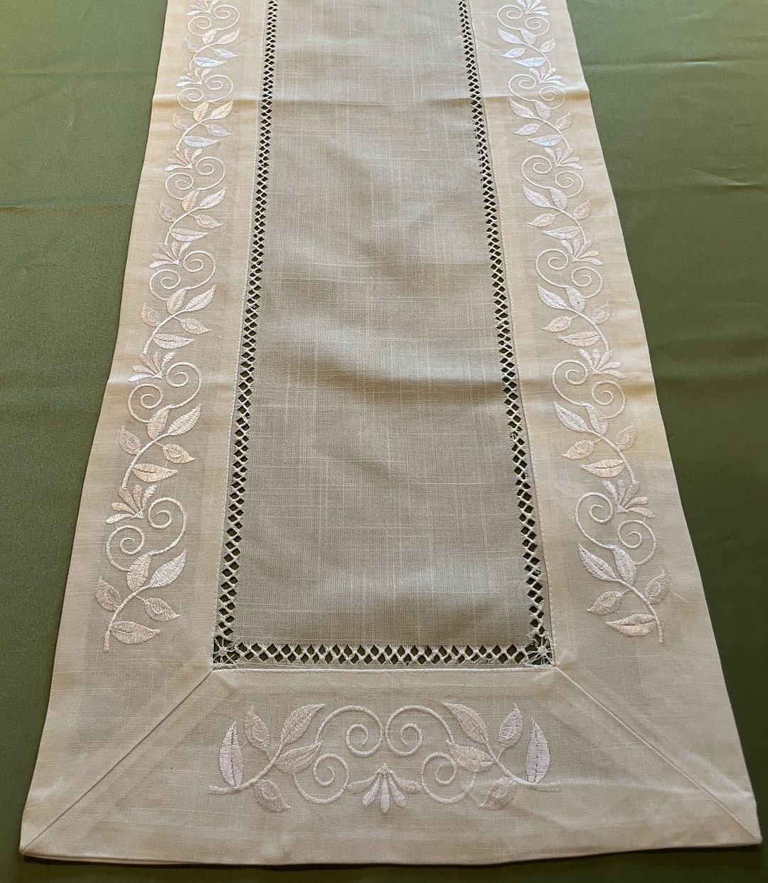 Ivory White Linen Look Embroidered Table Runner Kitchen Dining 38cm X ...