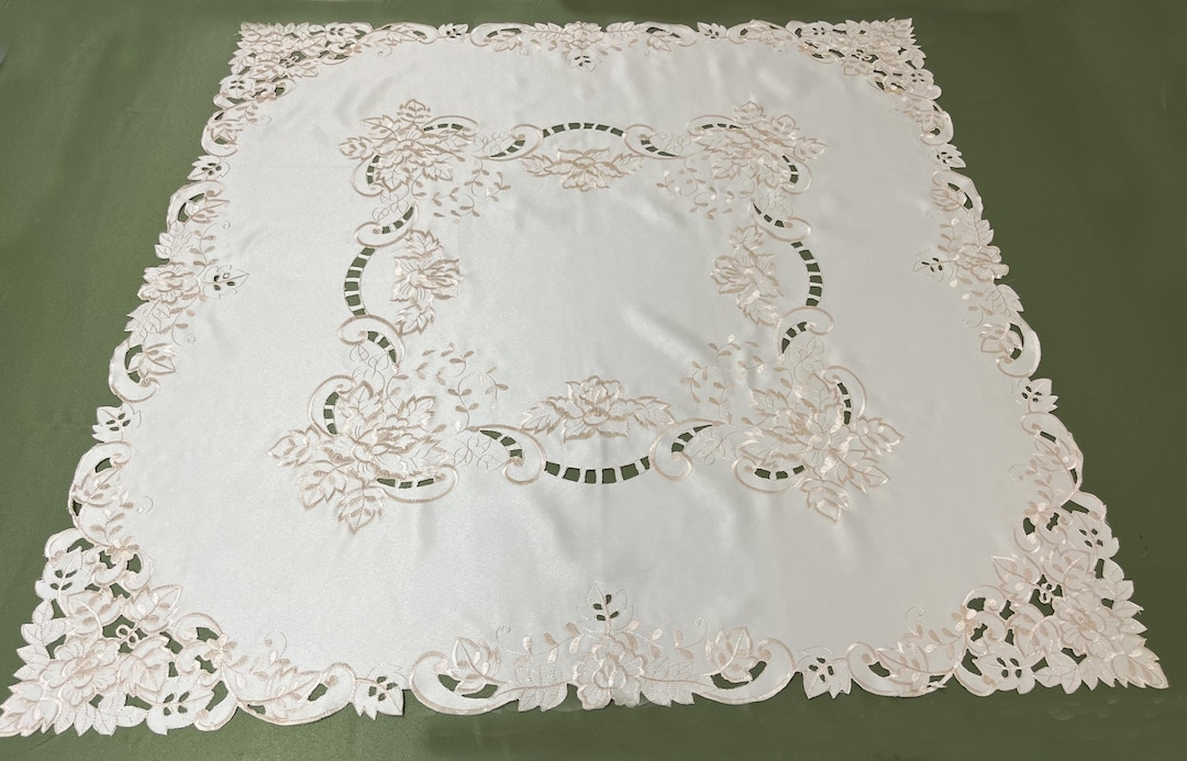 Soft Peach Cream, Embroidered Cutwork Square Tablecloth Kitchen Dining ...
