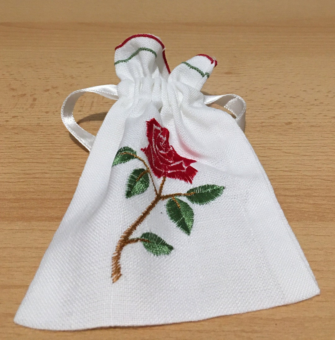 10 Red Rose Embroidered Drawstring Bags Linen Effect Fabric Green Brown ...