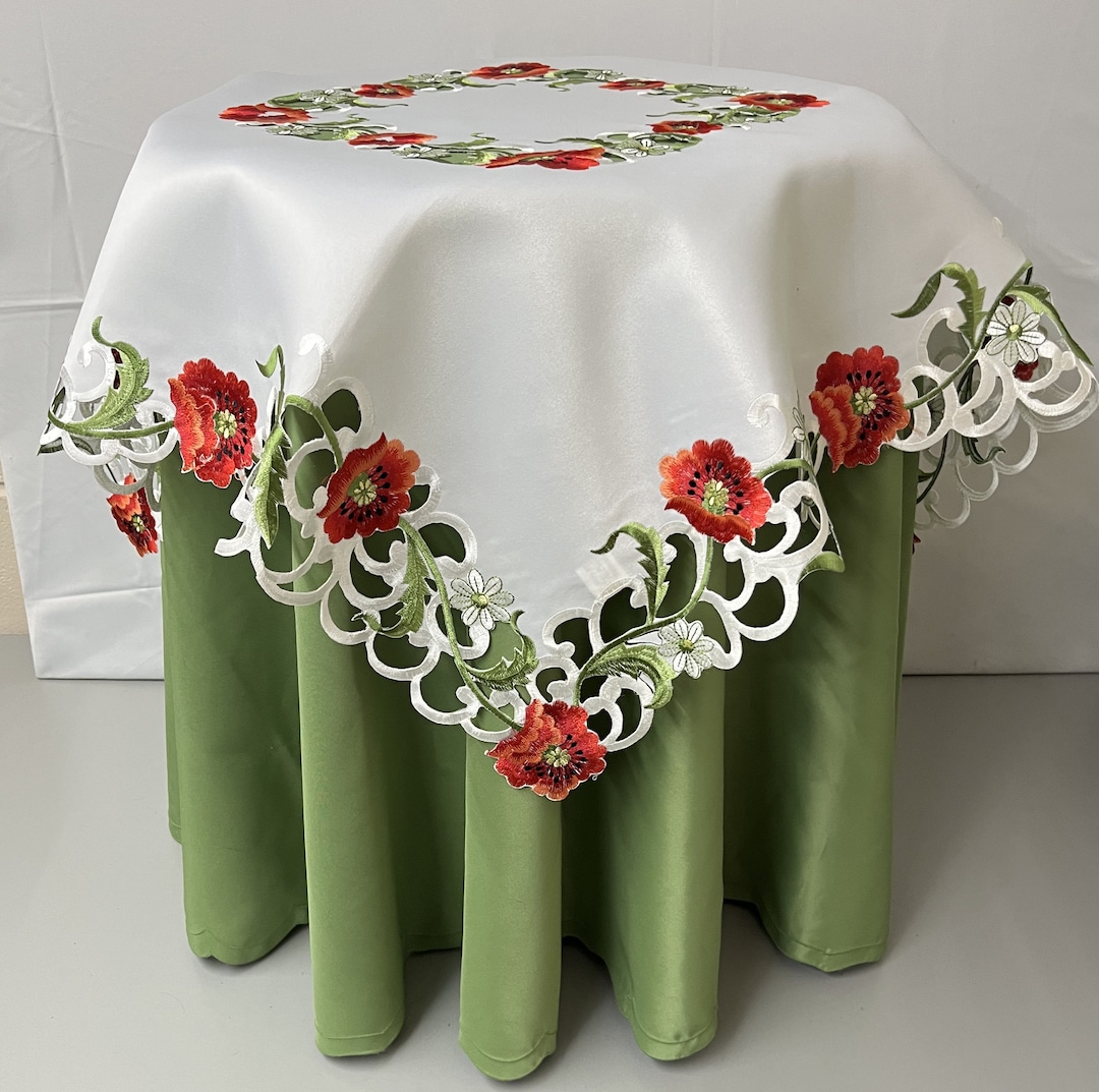 Red Poppy Embroidery Square Tablecloth Green Lilac Floral Scalloped ...