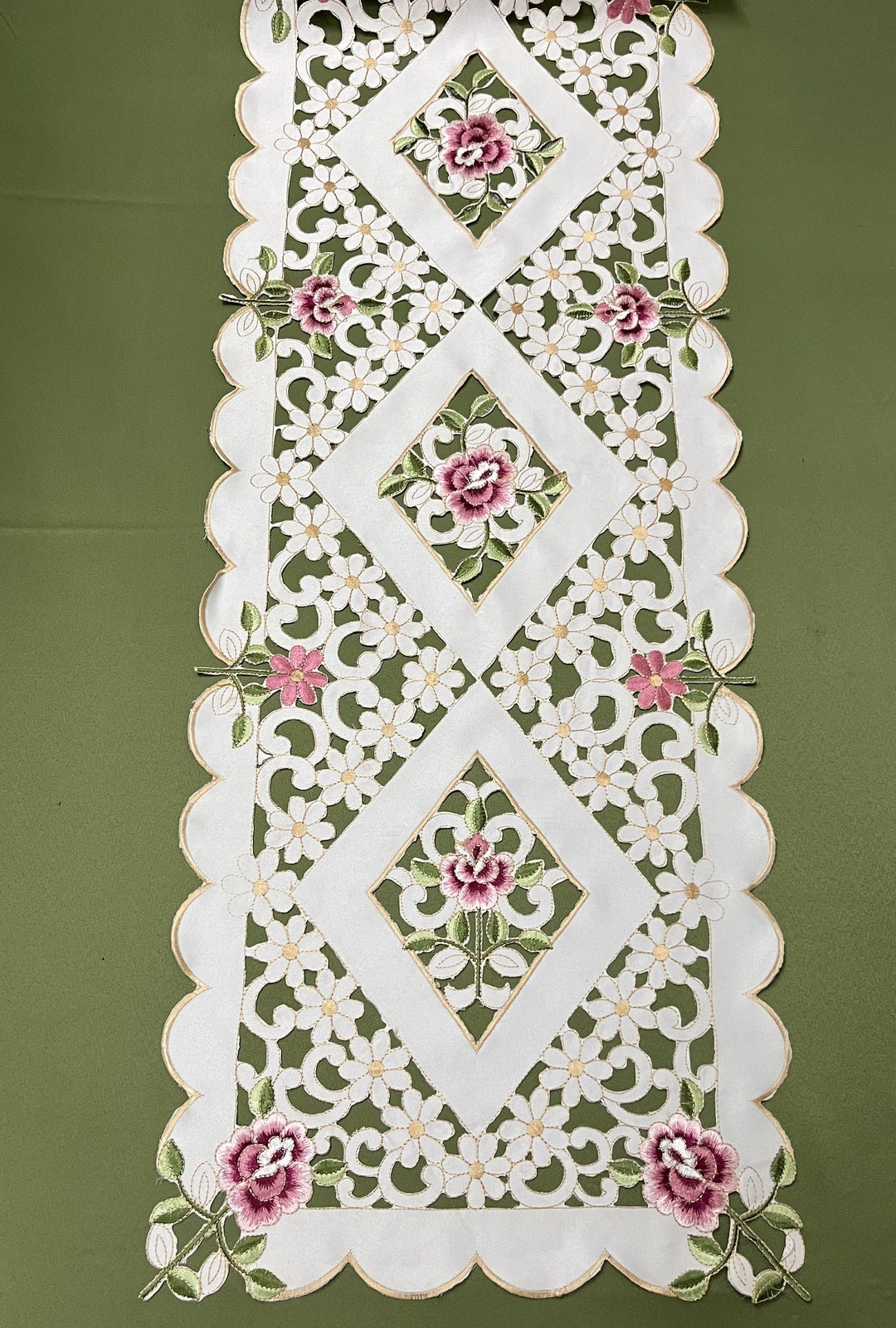Pink Gold Green Embroidered Table Runner Oblong Cutwork Scalloped Edge ...