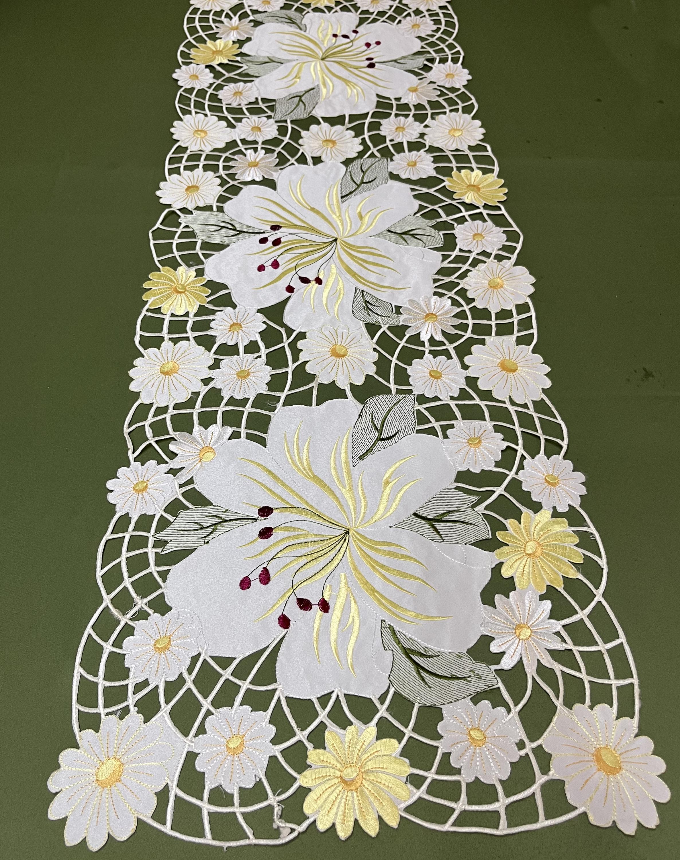 White Lemon Yellow Red Green Daisy Floral Embroidered Oblong Table ...