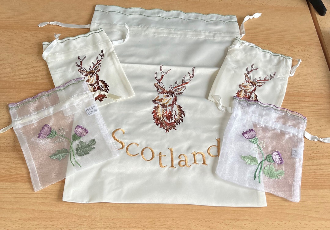5 Embroidered Craft Drawstring Gift Bags Scottish Scotland Stag Monarch ...