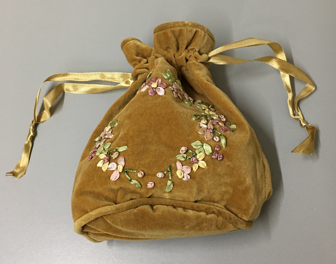 One Light Brown Velvet Ribbon Drawstring Dorothy Bag Hand Embroidery ...