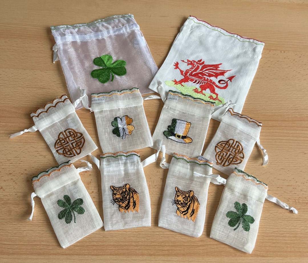 10 Embroidered Craft Drawstring Bags Welsh Dragon Irish Shamrock Celtic ...
