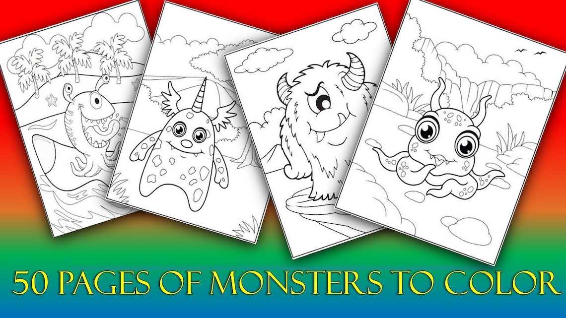 50 Page Cute Monster Coloring Pages Simple Cartoon Digital Download ...