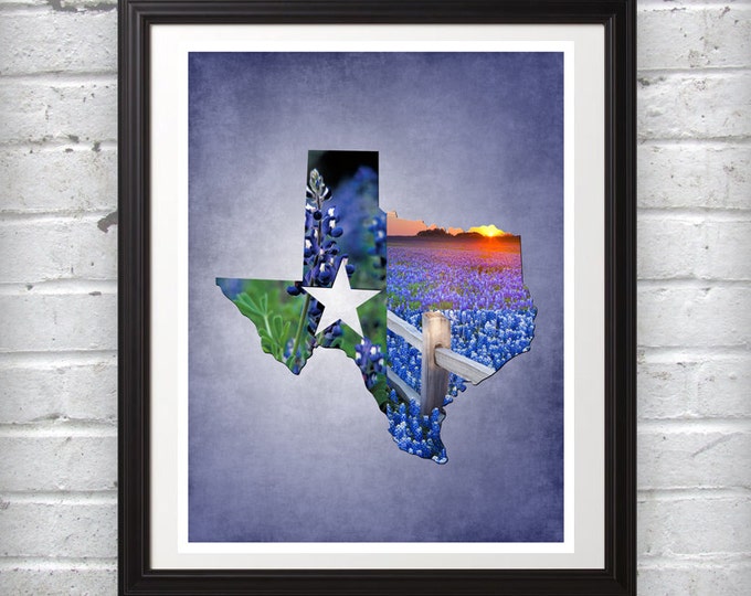 State of Texas Print Featuring Texas Bluebonnets - Etsy