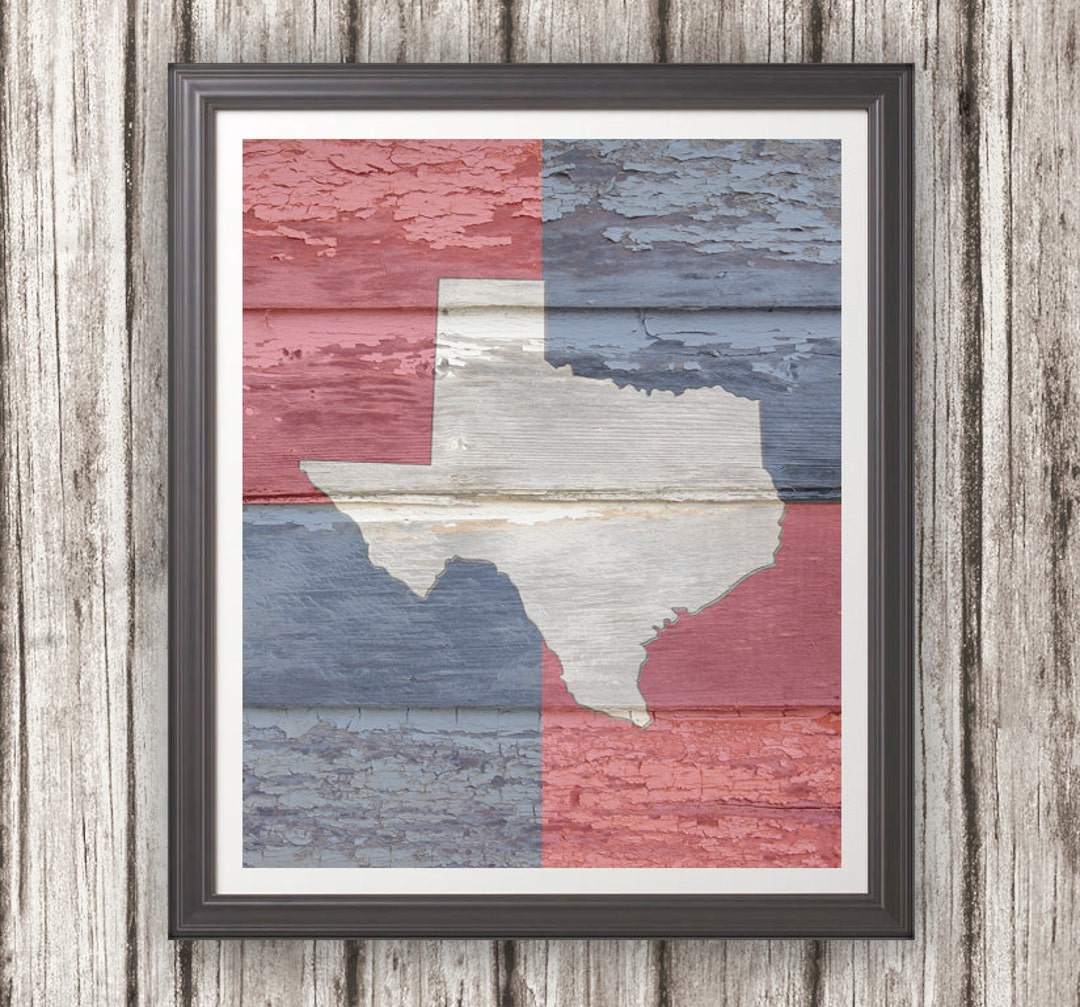 State of Texas on Rustic Wood Background Red Blue Navy Wall Print Art ...
