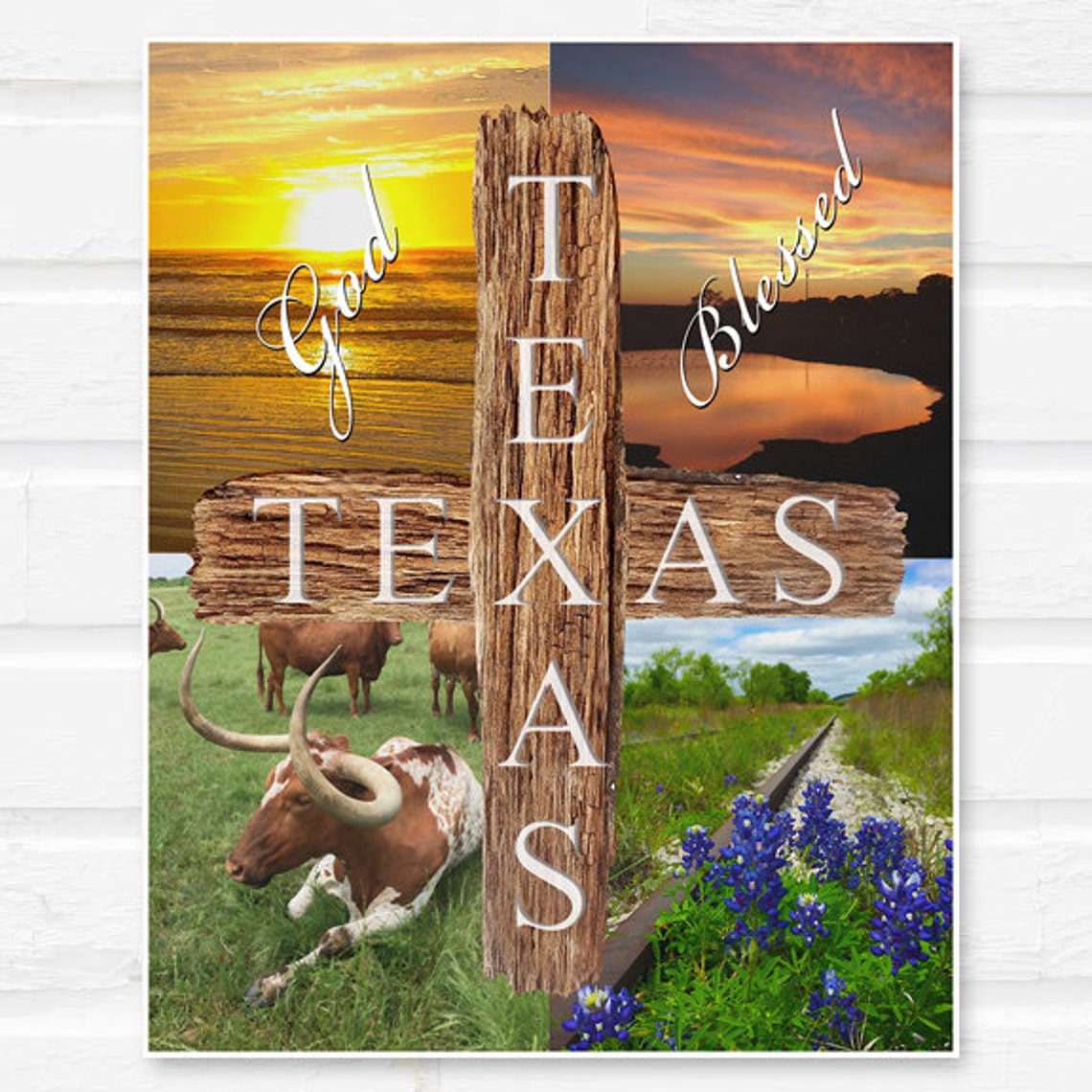 God Blessed Texas Bluebonnet Longhorns Sunrise Christian Print Wall Art ...