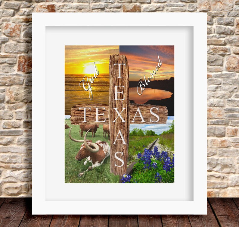 God Blessed Texas Bluebonnet Longhorns Sunrise Christian Print Wall Art ...