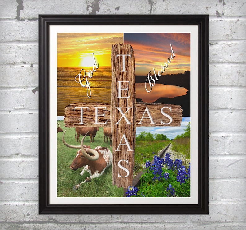 God Blessed Texas Bluebonnet Longhorns Sunrise Christian Print Wall Art ...