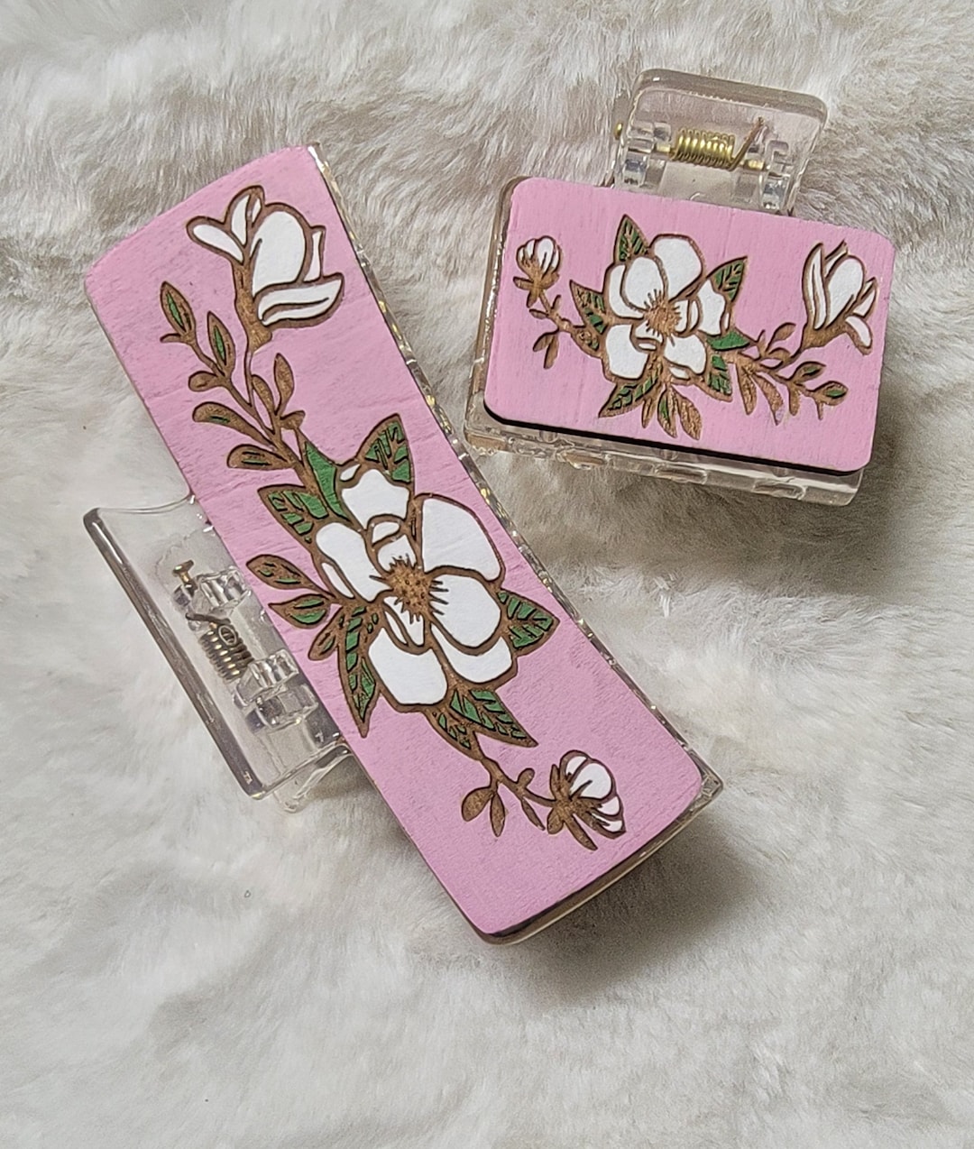 Magnolia Flower Handpainted Wood Hair Clip, Laser Engraved, Etched ...