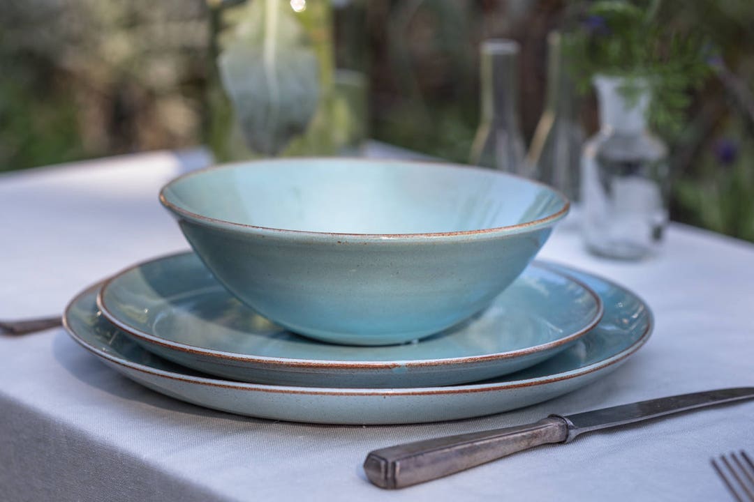 Turquoise Dinnerware Set for 4, Ceramic Dinnerware Set, Pottery Plate ...