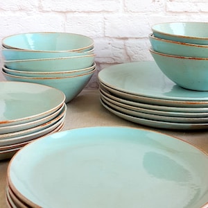 Turquoise Dinnerware Set for 4, Ceramic Dinnerware Set, Pottery Plate ...