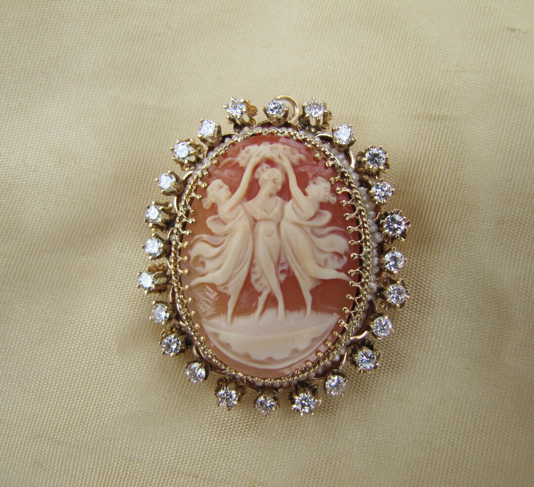 Antique Victorian 3 Graces Cameo 14k Gold and Diamonds Brooch Pendant ...