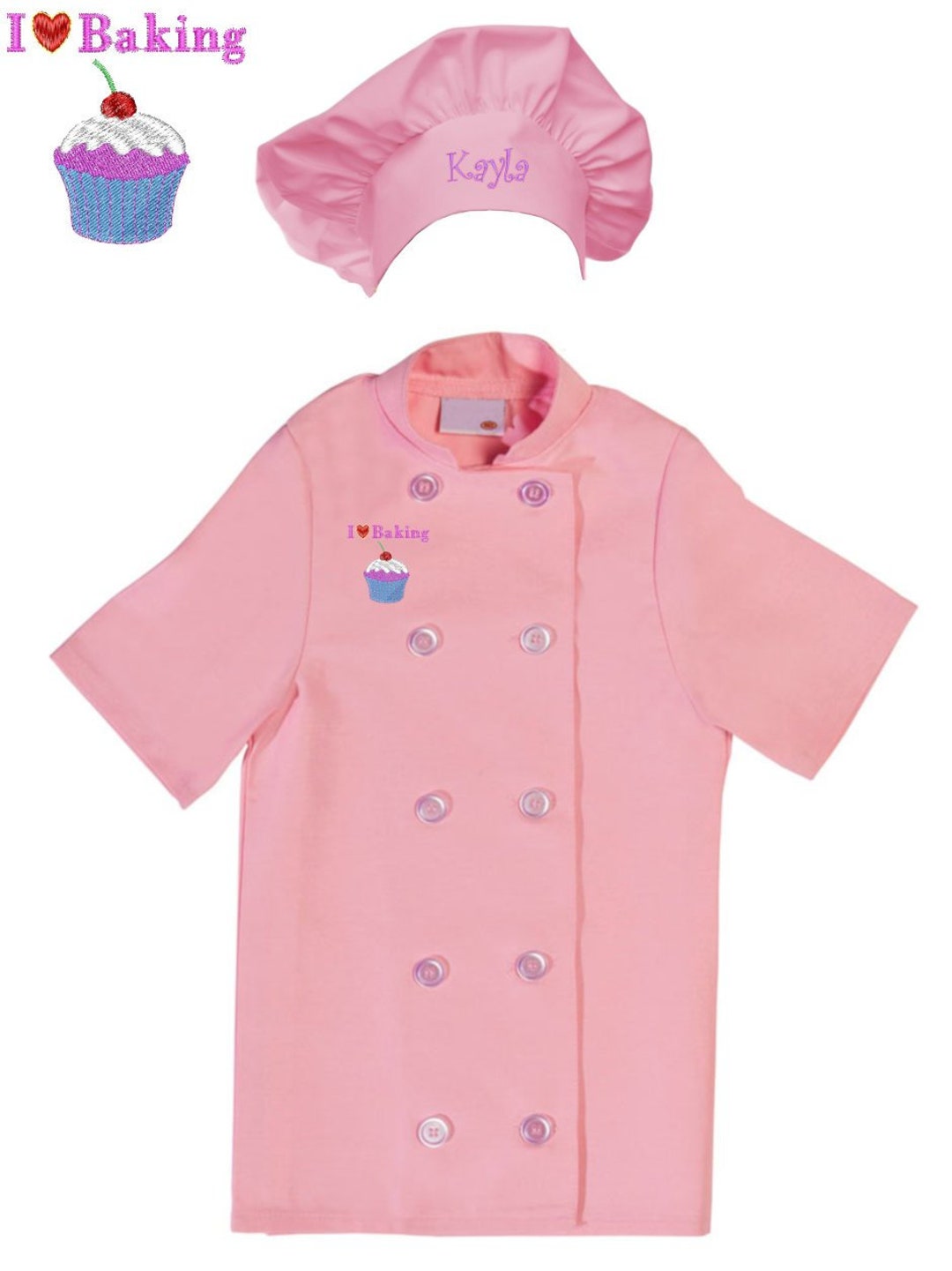 Personalized Kids Pink Chef Coat Jacket With Chef Hat and I Love Baking ...