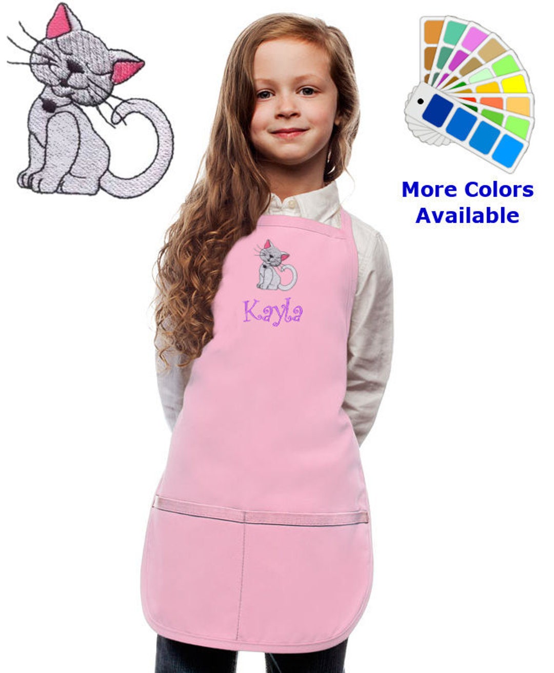 Personalized Kids Apron With Cat Kitten, Custom Embroidered Name ...