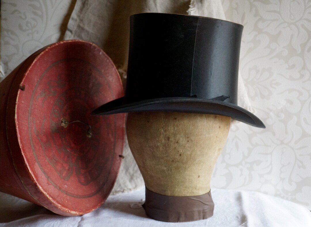 Antique French Satin Collapsible Top Hat in Paris Hatbox, Victorian ...
