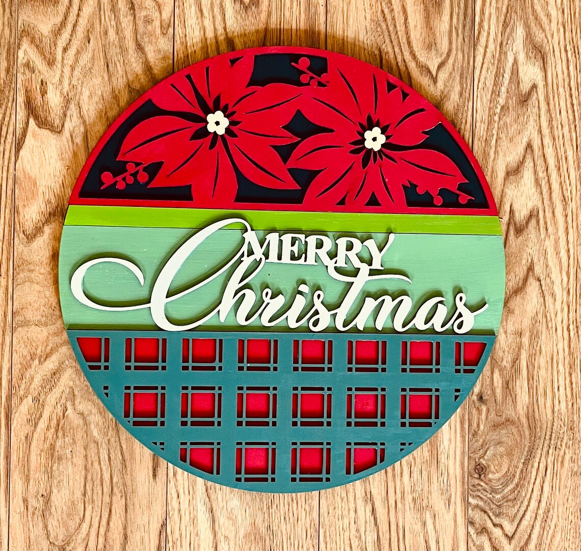 A) Merry Christmas Round Door Sign 15” Hand Painted Laser Cut Home ...
