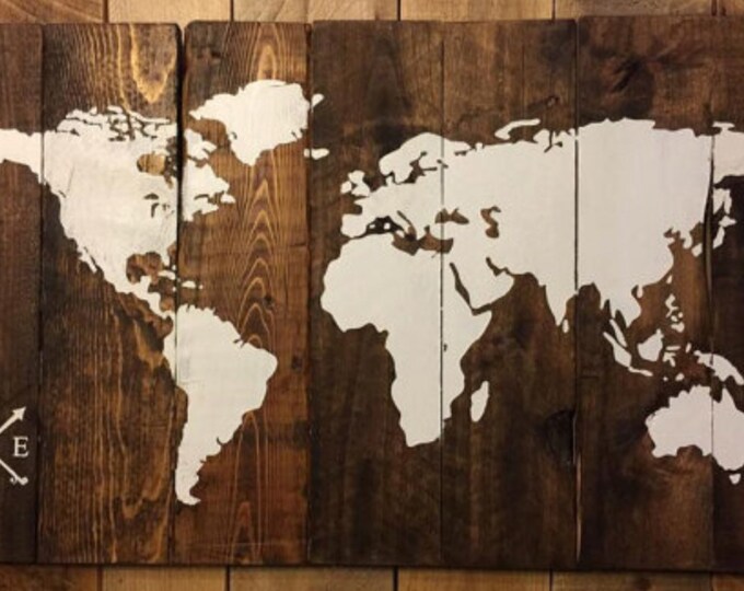 CUSTOM Large World Map, Rustic Wood Map 60x40 White and Red Color Map ...