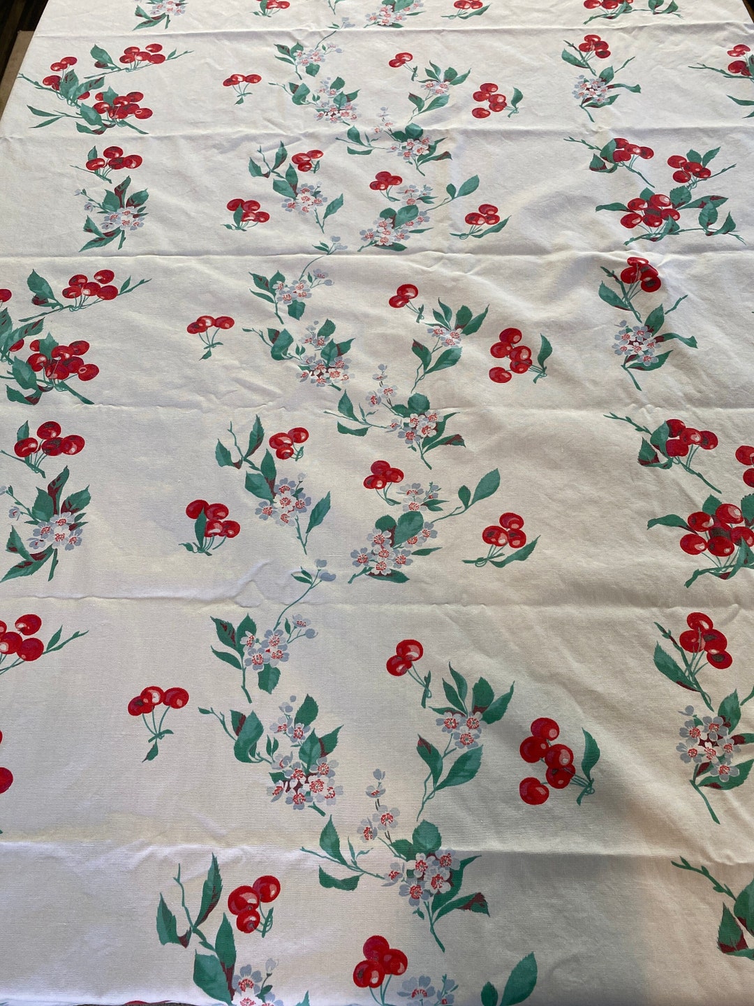 Vintage Wilendure Cherry Tablecloth 64lx53 W Red and Jadite Large Nice ...