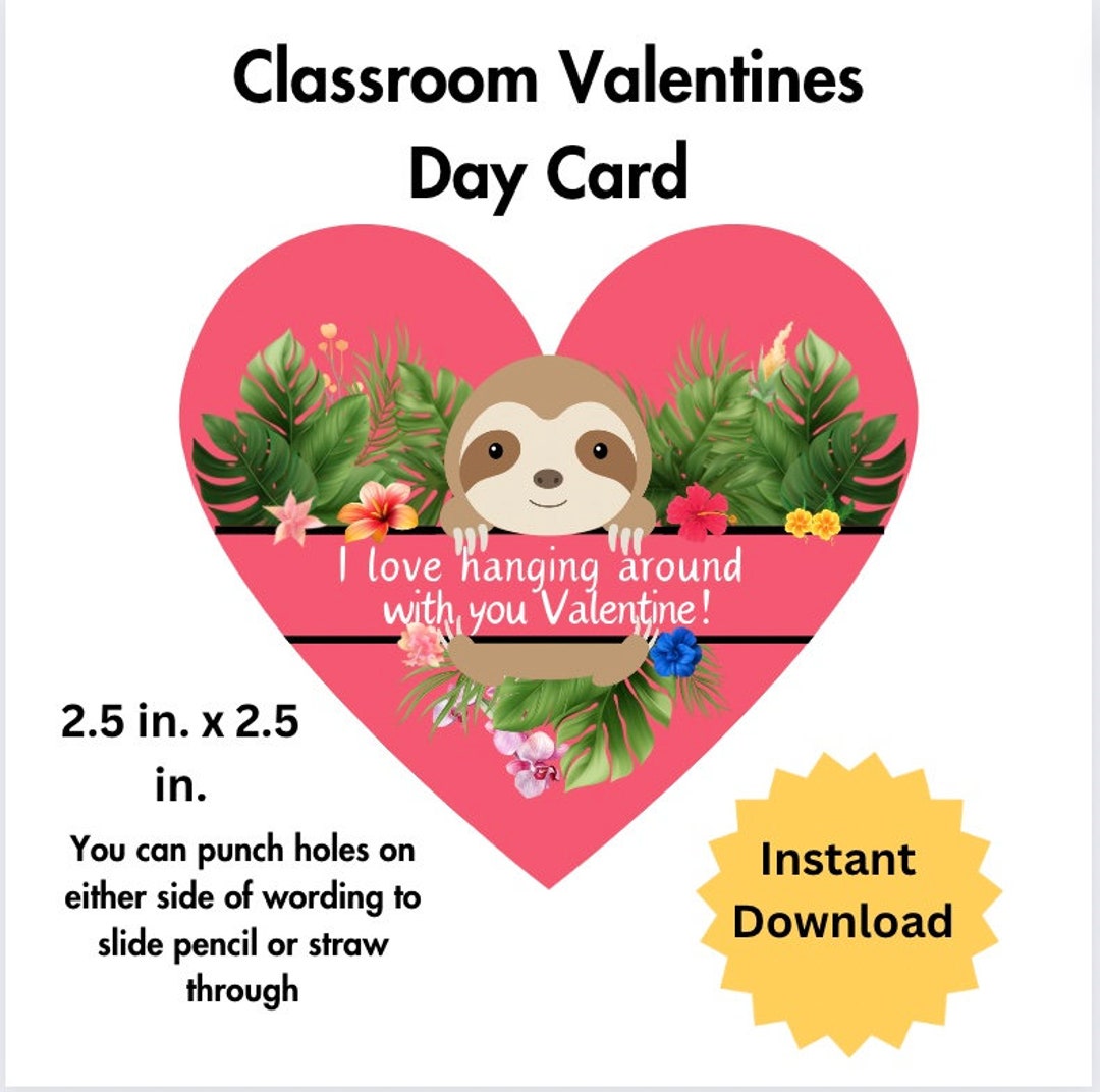 Sloth Valentines Day Classroom Cards, Instant Download, PDF File - Etsy