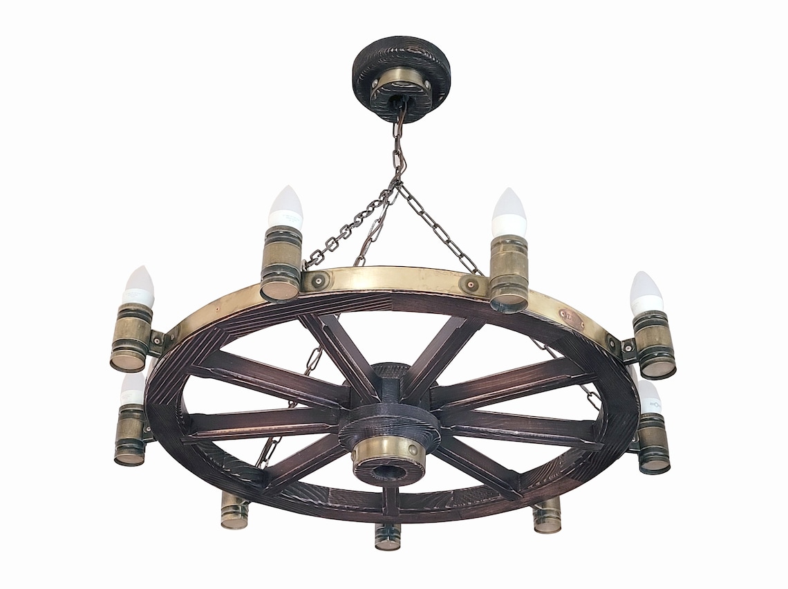 Cartwheel Chandelier Unique Technology Aged Brass Brushed Wood - Etsy