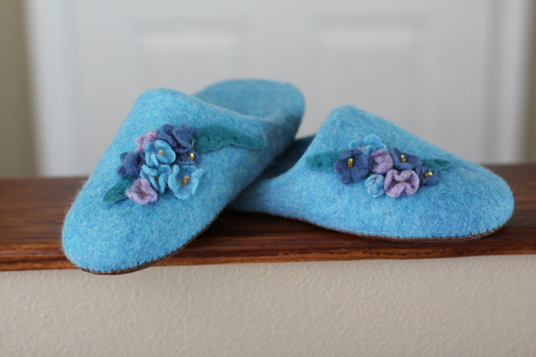 Natural Wool, Sky Blue Slippers, Floral Felt Design. Women Wool ...