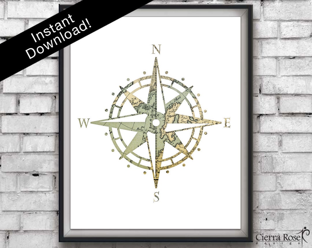 Compass Map Print, Vintage Map Print, Travel Artwork, Compass Artwork ...