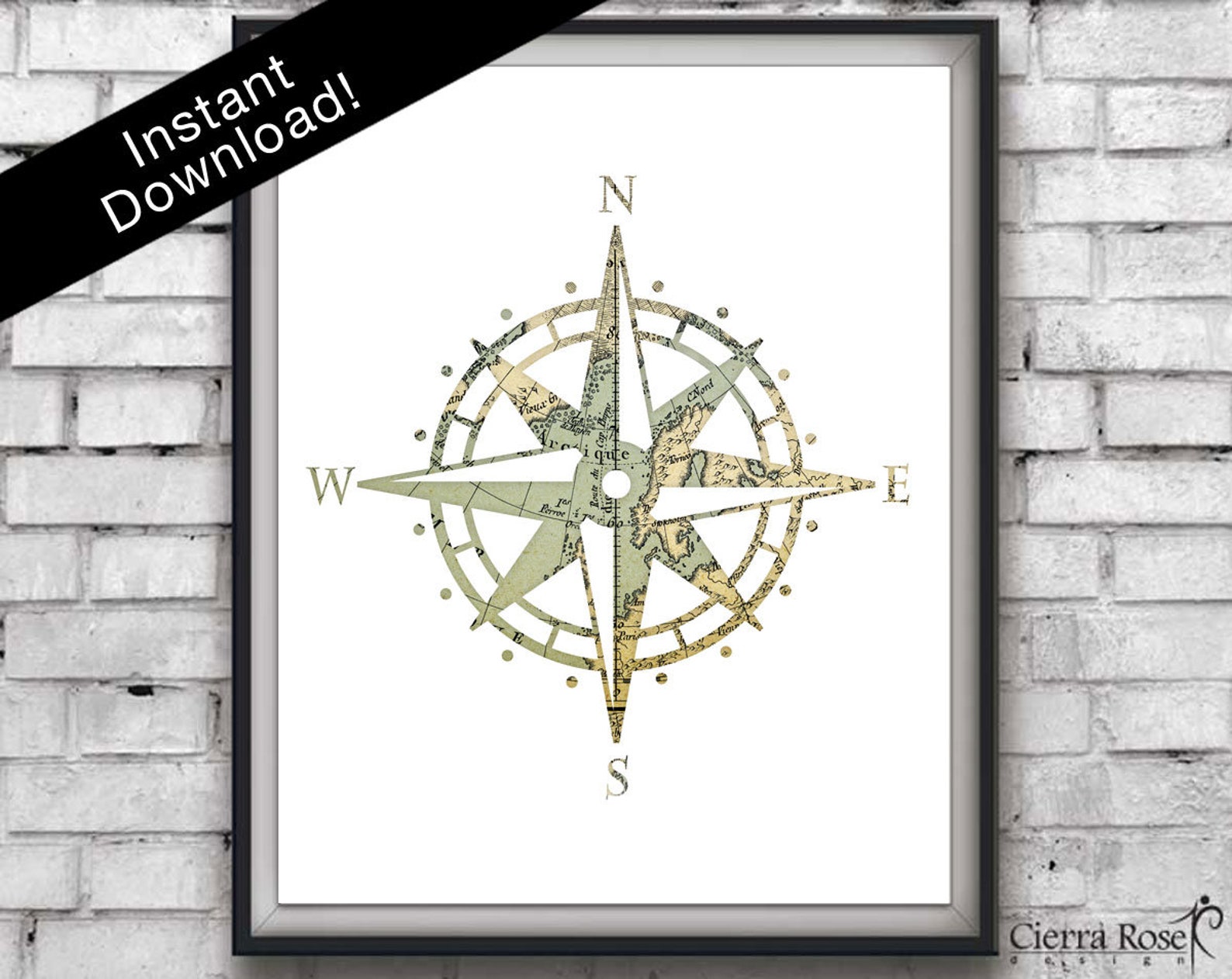 Compass Map Print, Vintage Map Print, Travel Artwork, Compass Artwork ...