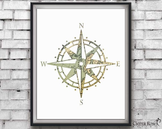 Compass Map Print Vintage Map Print Travel Artwork Compass | Etsy