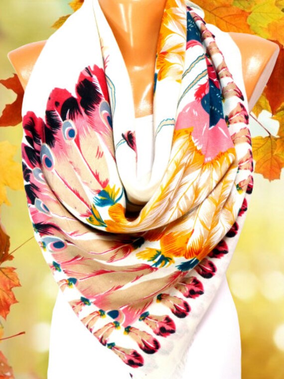 Scarf Shawl Scarves Feather Printed Scarf Peacock Scarf | Etsy