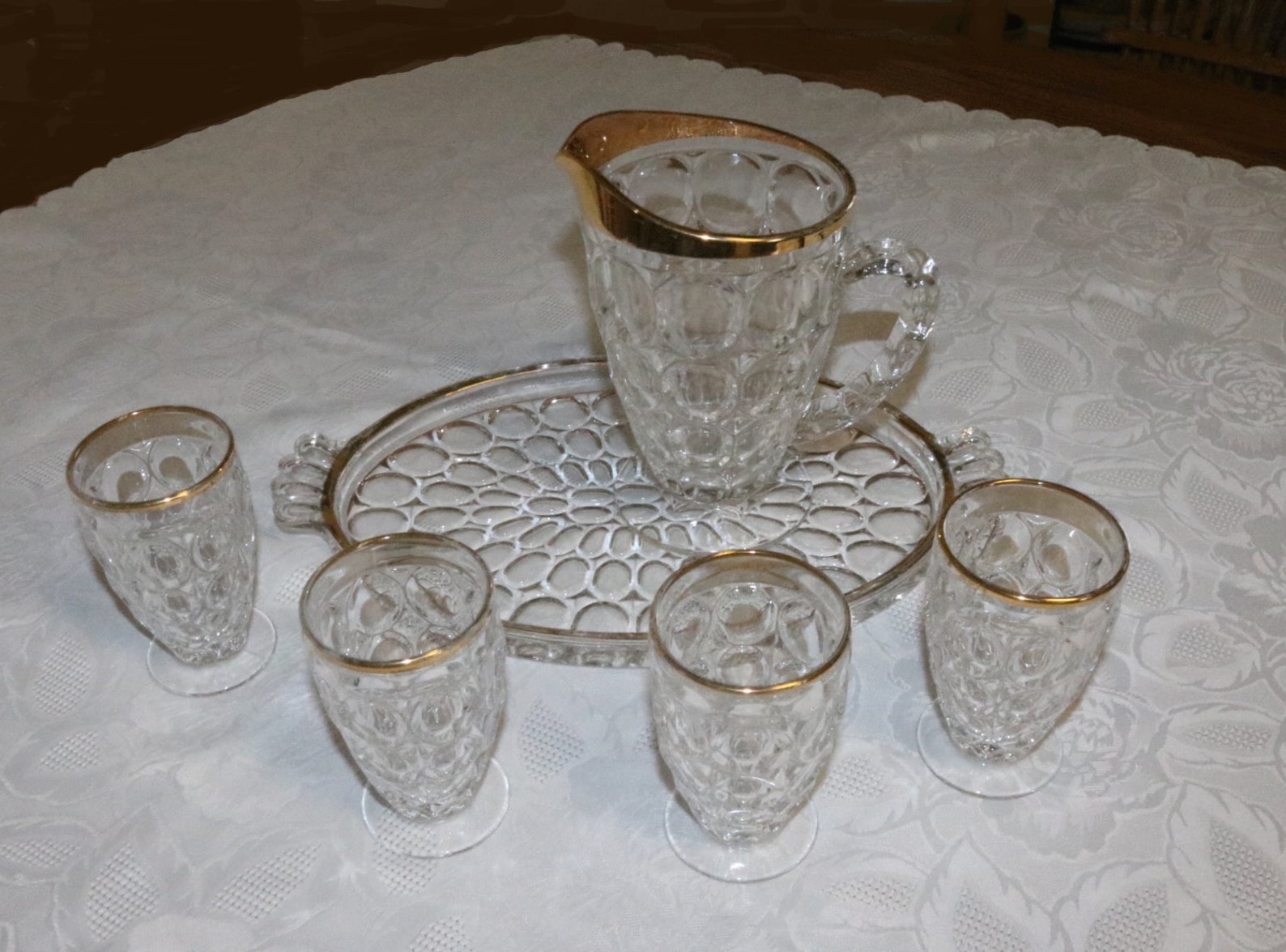 Jeannette Glass Co Made "thumbprint" Pattern 22K Gold Trimmed Juice Set ...