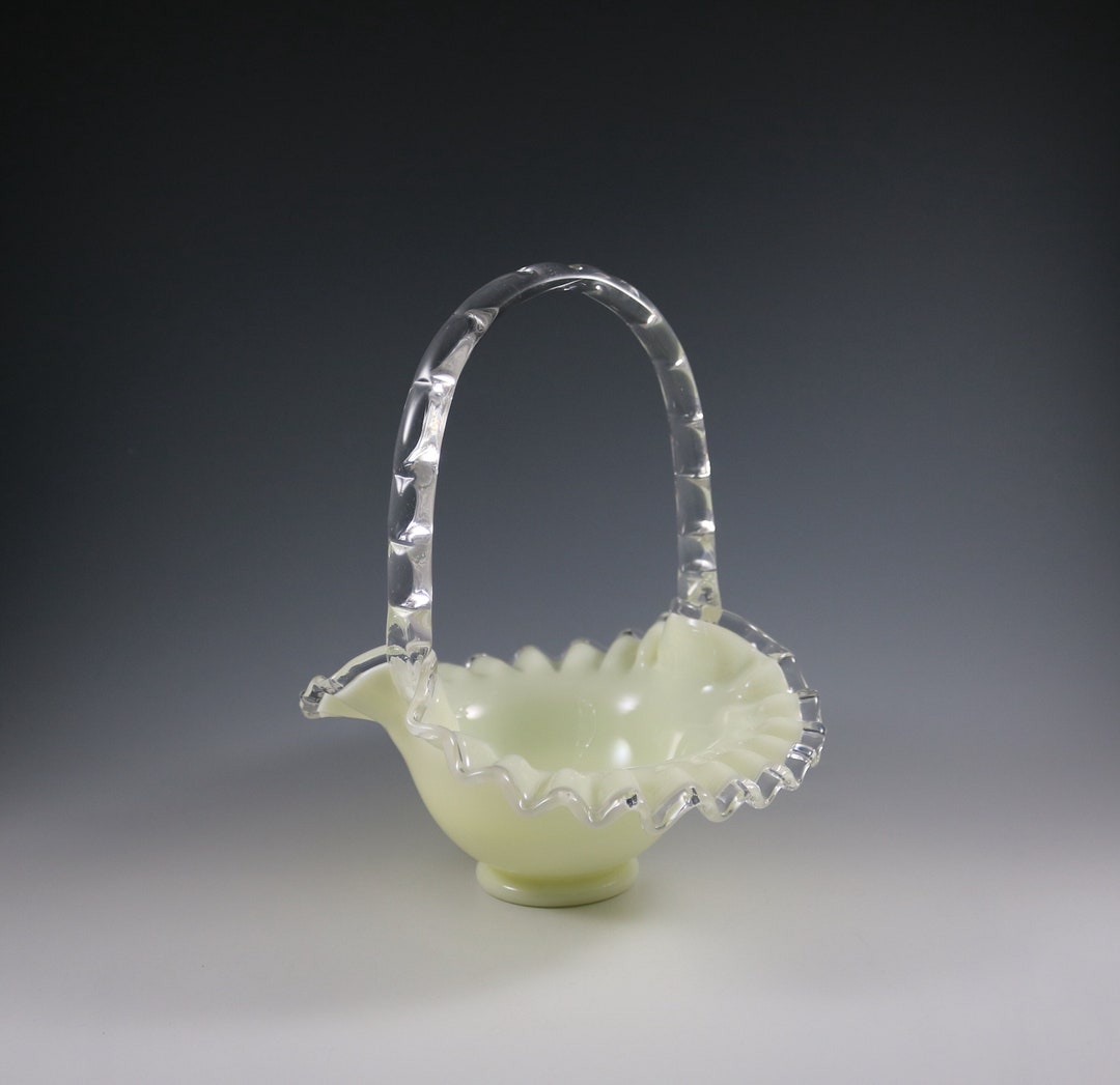Vintage Fenton Handmade Ivory Crest Glass Basket Bamboo Style - Etsy