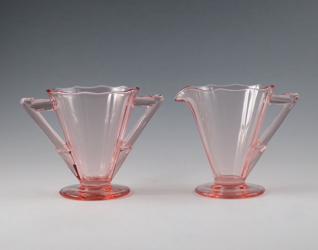 Antique Cambridge Handmade Pink Depression Decagon Pattern Cream and ...