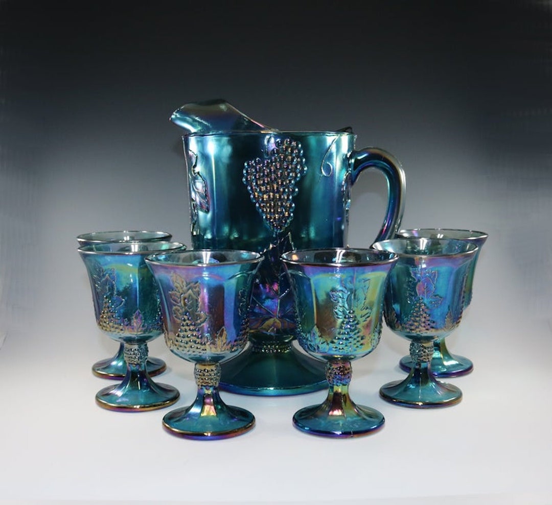 Vintage Indiana Glass Co. Made Blue Carnival Glass Grape Harvest ...