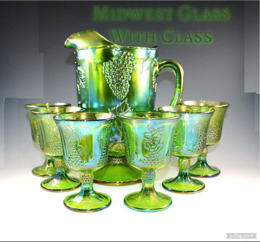 Green Carnival Glass Water Set: Indiana Harvest Grape Pitcher & Goblets ...