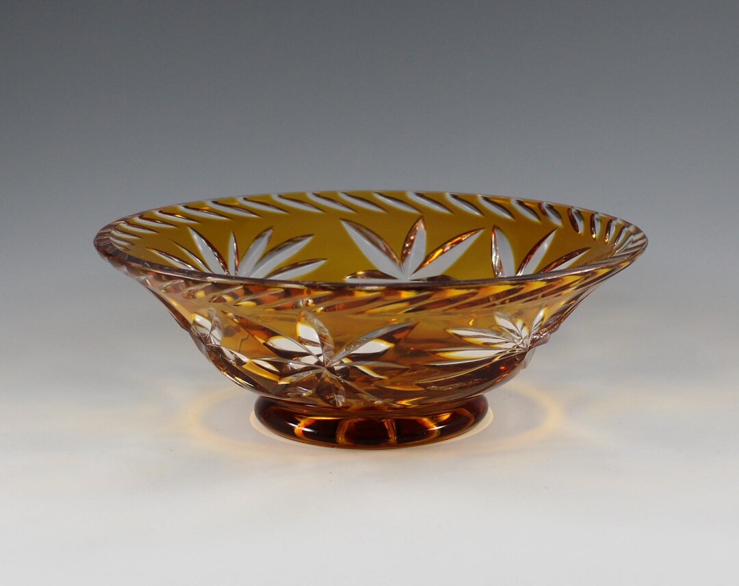Vintage Bohemian Handmade Amber Cut to Clear Floral Decorated 7" Glass ...
