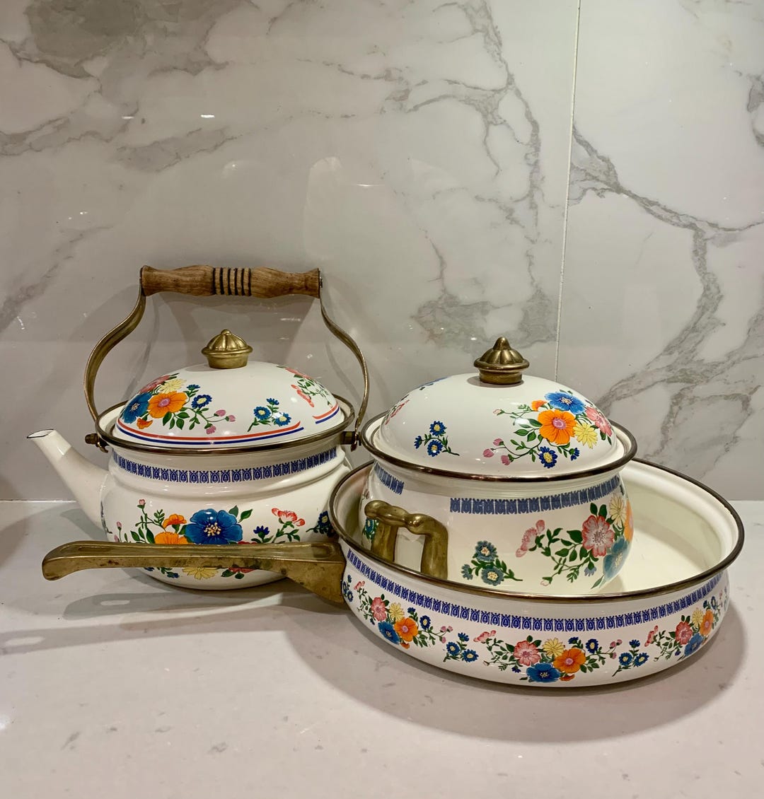 Enamel and Brass Cookware Set by Kamenstein | Floral Kettle, Pot, and ...