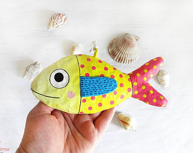 Paper Mache Yellow Polka Dot Fish Ornament, Fish Wall Hanging ...