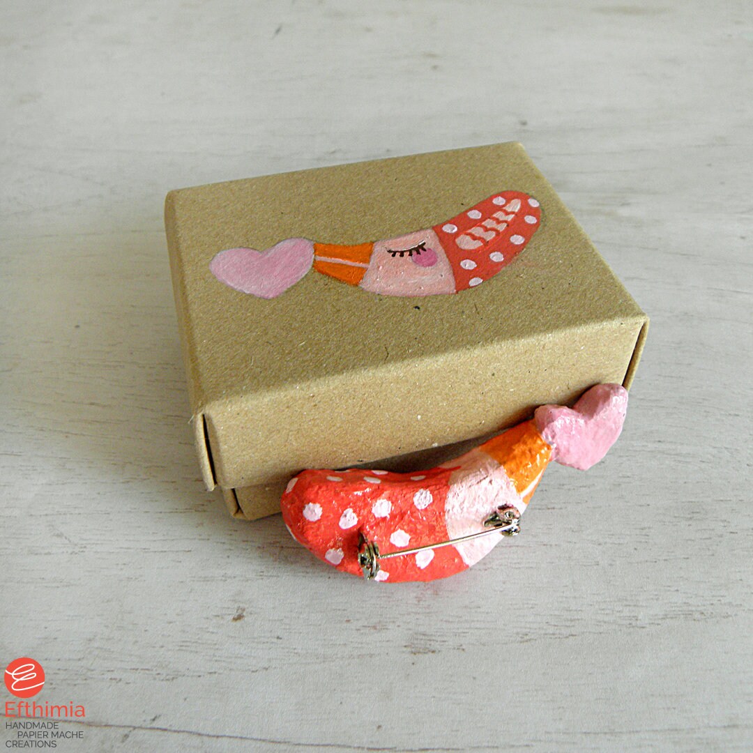 Paper Clay Coral Bird Brooch, Paper Mache Quirky Bird Pin, Handmade ...