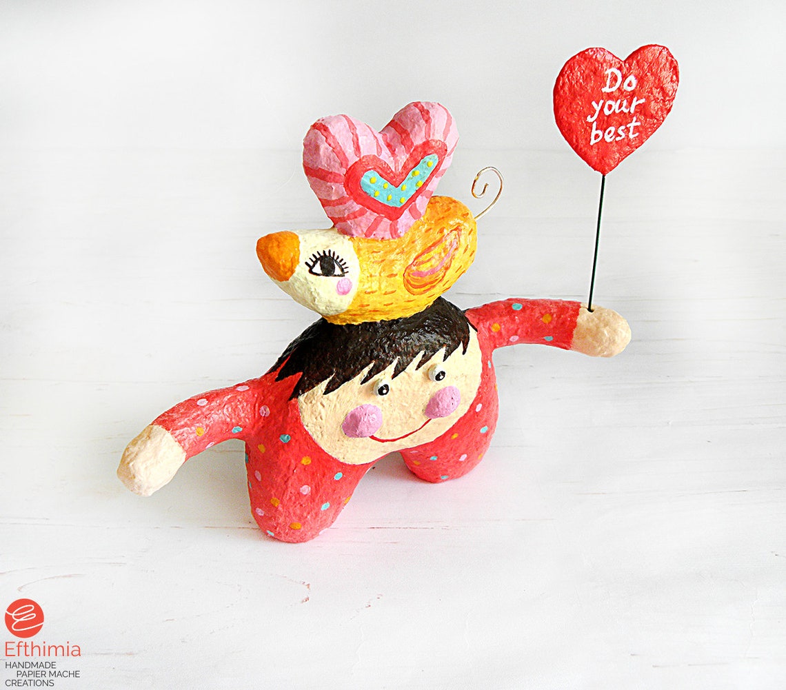 Paper Mache Cute Figurine With Bird and Heart, Happy Figure, Papier ...